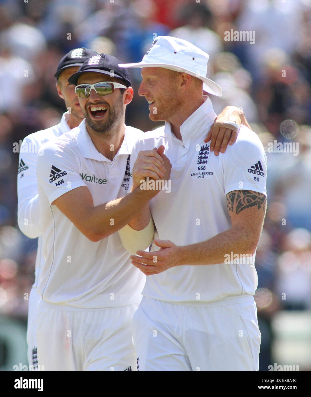 Cardiff, Wales. 10th July, 2015. Mark Wood and Ben Stokes during day ...