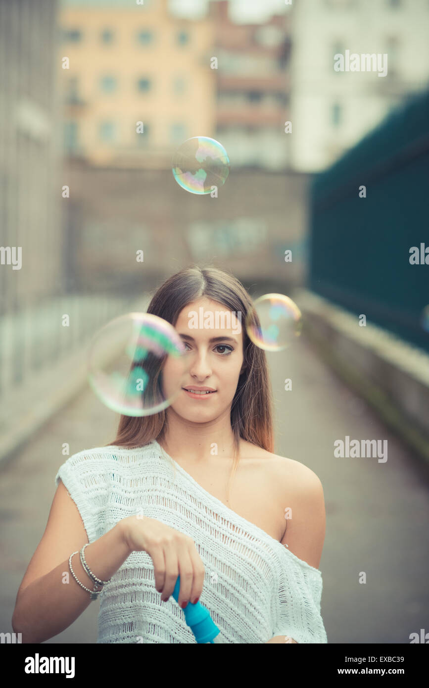 Young Beautiful Woman Girl Autumn Blowing Bubbles Soup Outdoor Stock
