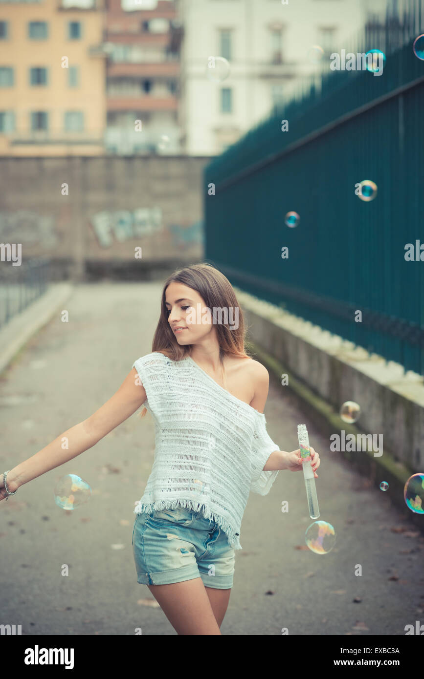 Young Beautiful Woman Girl Autumn Blowing Bubbles Soup Outdoor Stock