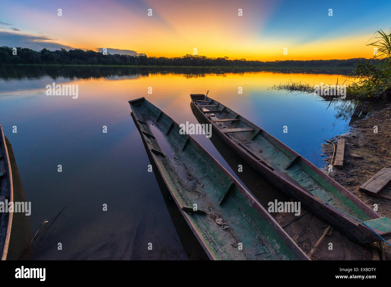 Dramatic sunset in the Amazon rain forest in Bolivia in Madidi National ...