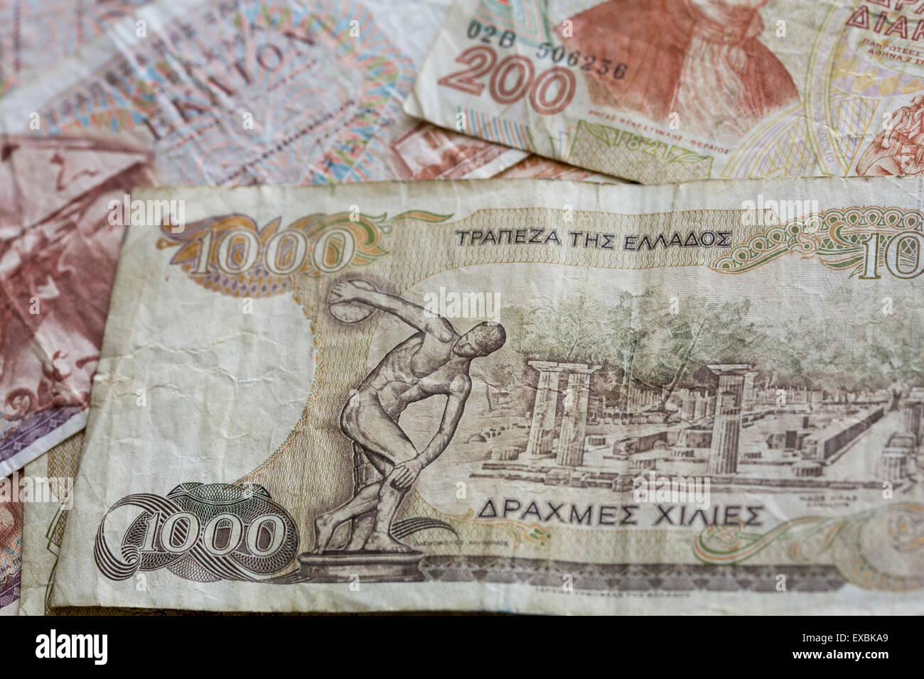An arranged photo showing obsolete Greek Drachma currency notes in from ...