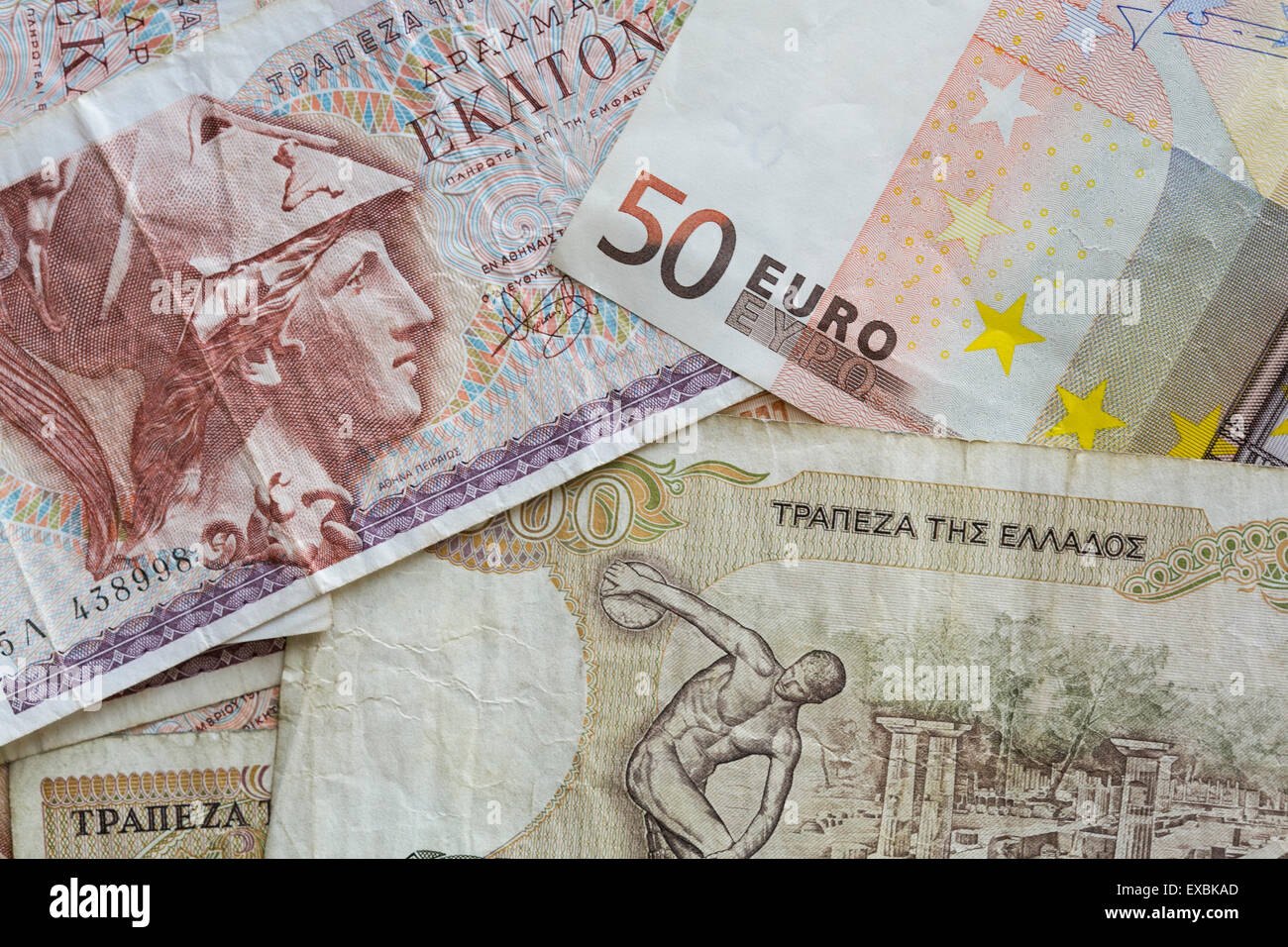 An arranged photo showing obsolete Greek Drachma currency notes in from ...