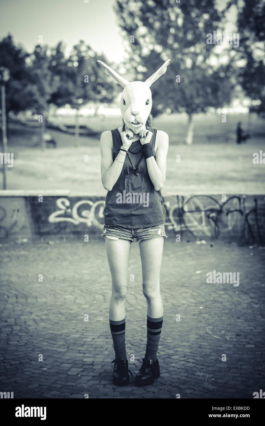 rabbit mask young beautiful model woman in the city Stock Photo - Alamy