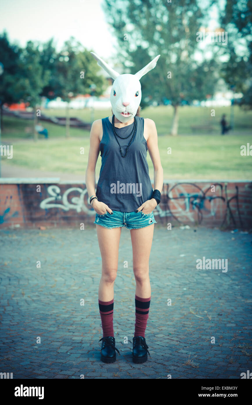 mask rabbit young beautiful model woman in the city Stock Photo - Alamy