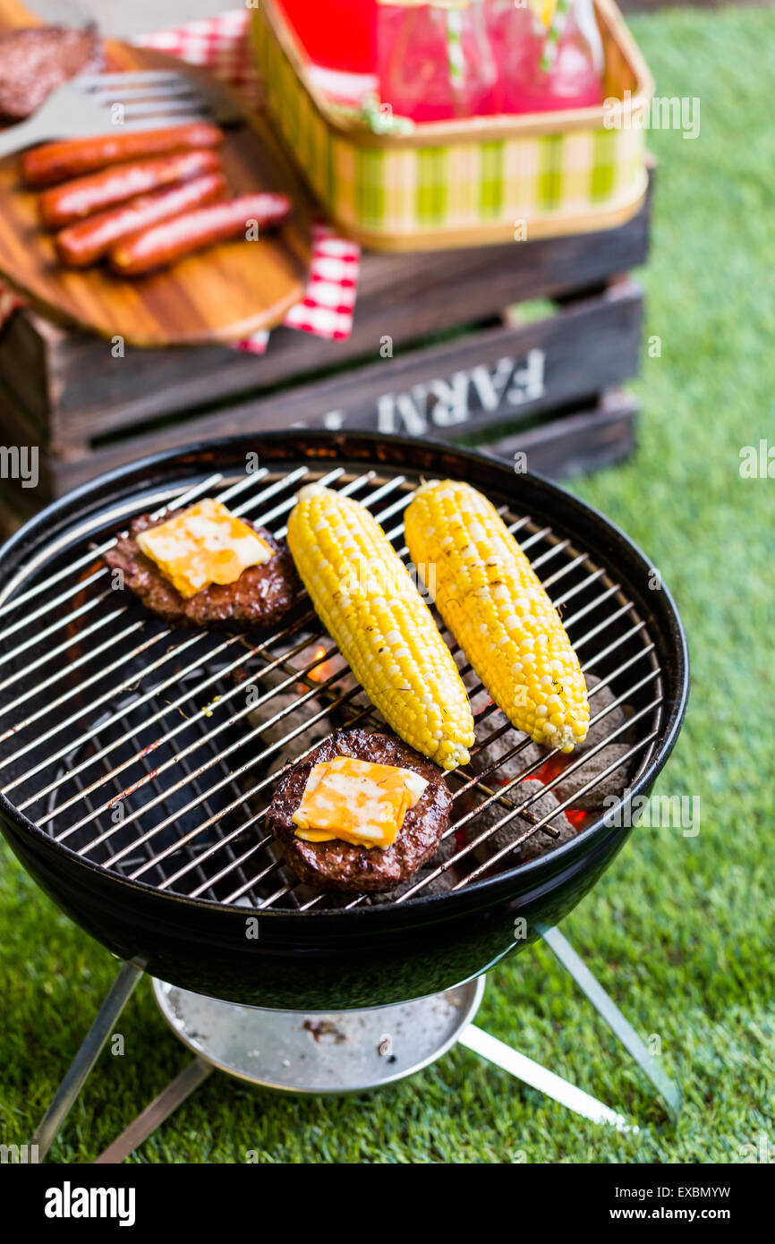 Summer picnic with small charcoal grill in the park Stock Photo - Alamy