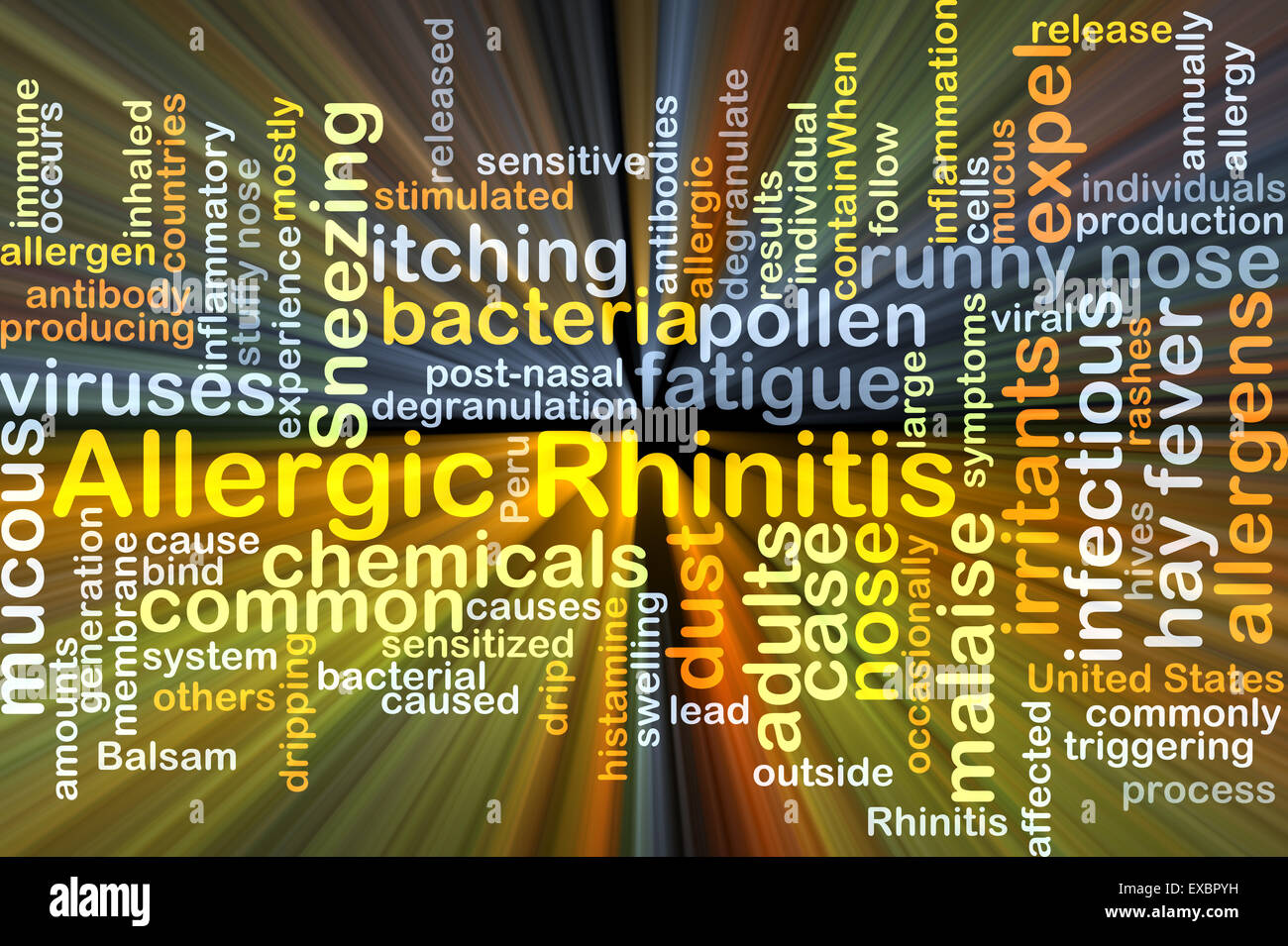 Background concept wordcloud illustration of allergic rhinitis glowing ...