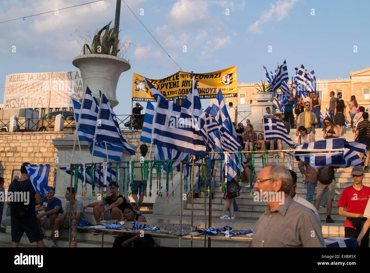 Athens, Greece. 10th July, 2015. A kiosk that sells flags is seen in ...