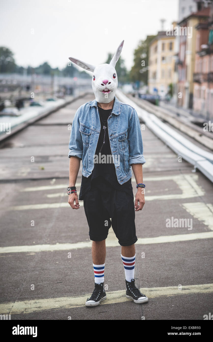 rabbit mask young handsome bearded hipster man in the city Stock Photo ...