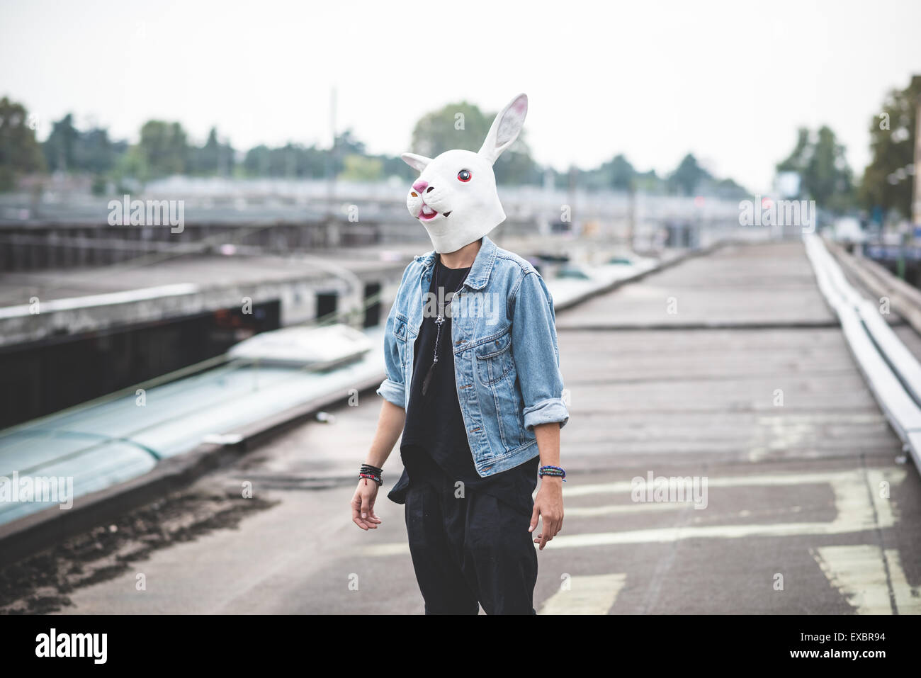 rabbit mask young handsome bearded hipster man in the city Stock Photo ...