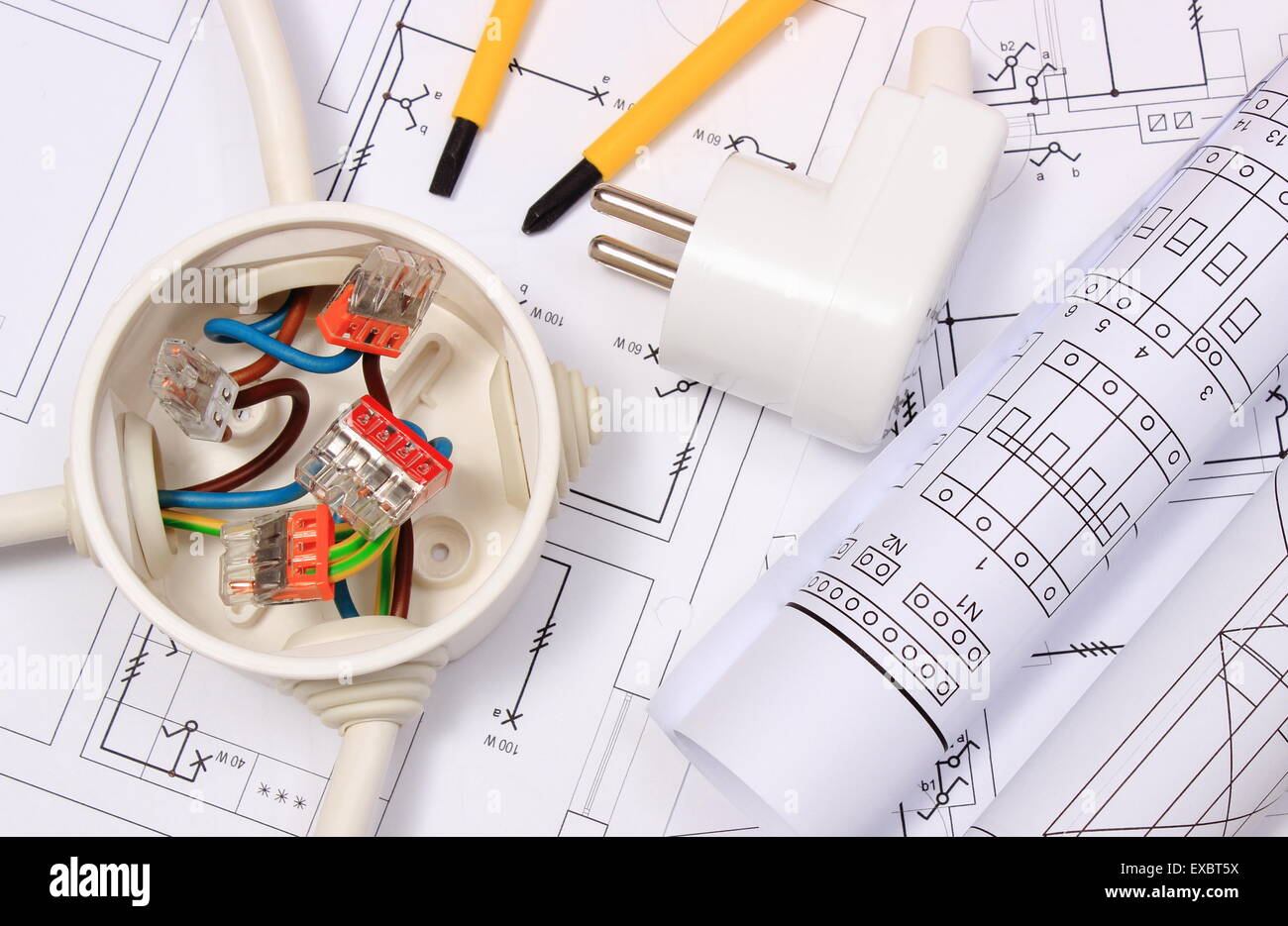Copper wire connections in electrical box, rolls of electrical diagrams ...