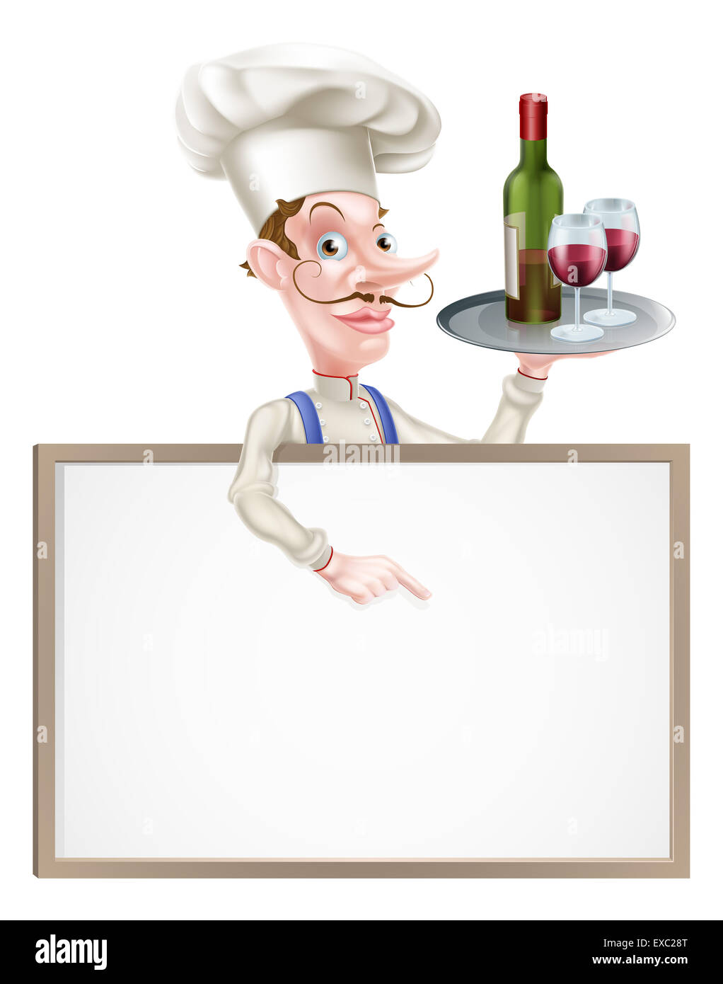 Cartoon Chef holding wine bottle and glasses above a sign or wine menu ...
