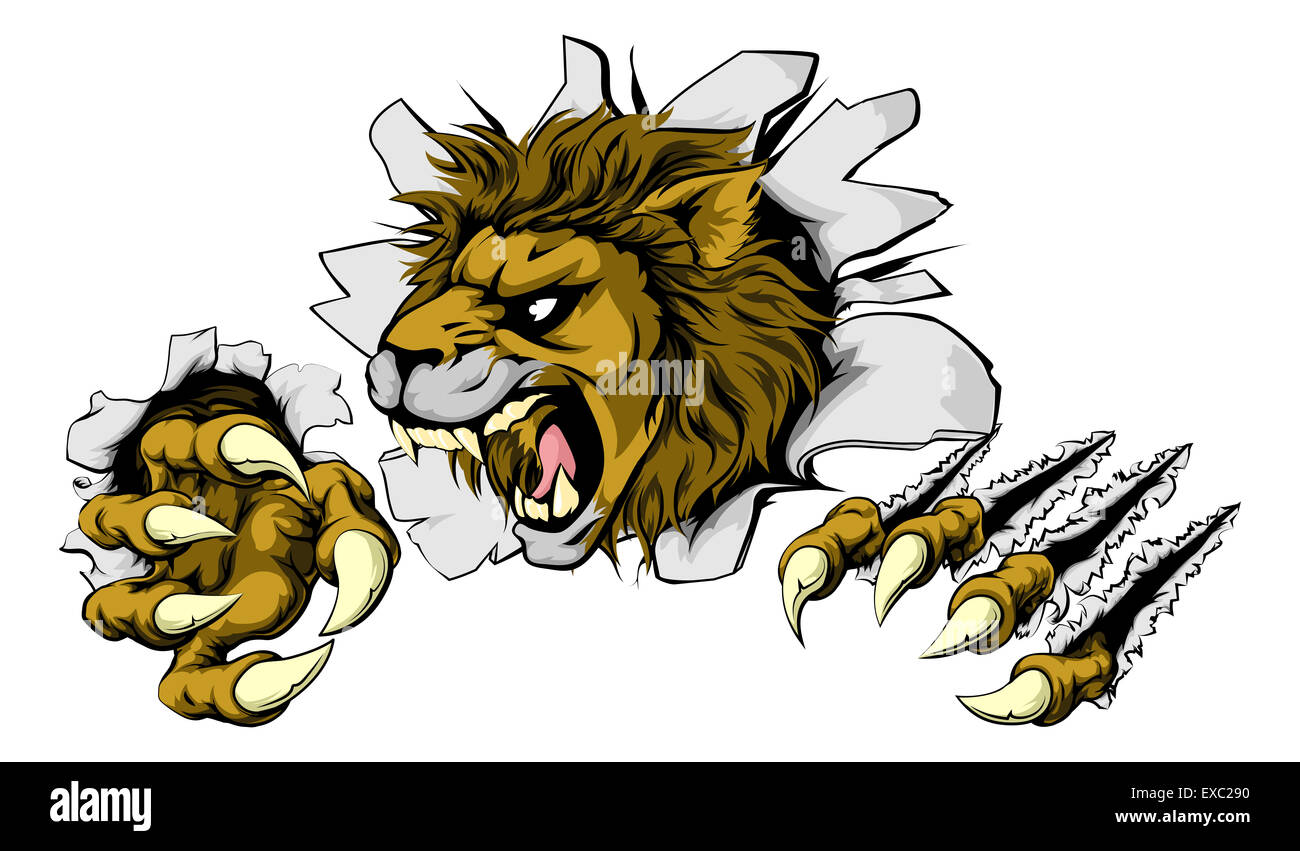 A scary lion mascot ripping through the background with sharp claws ...