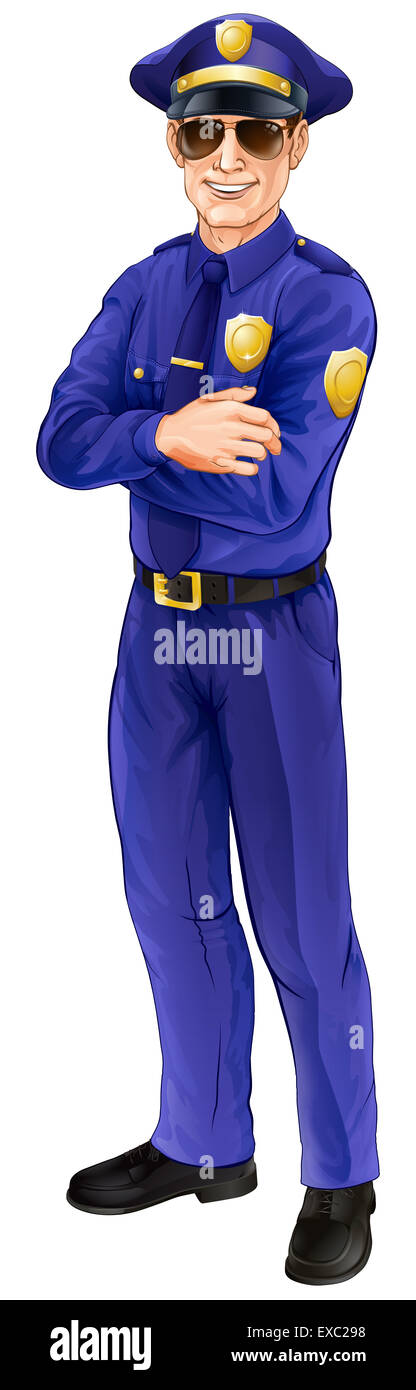 A standing policeman wearing uniform and sunglasses with his arms ...