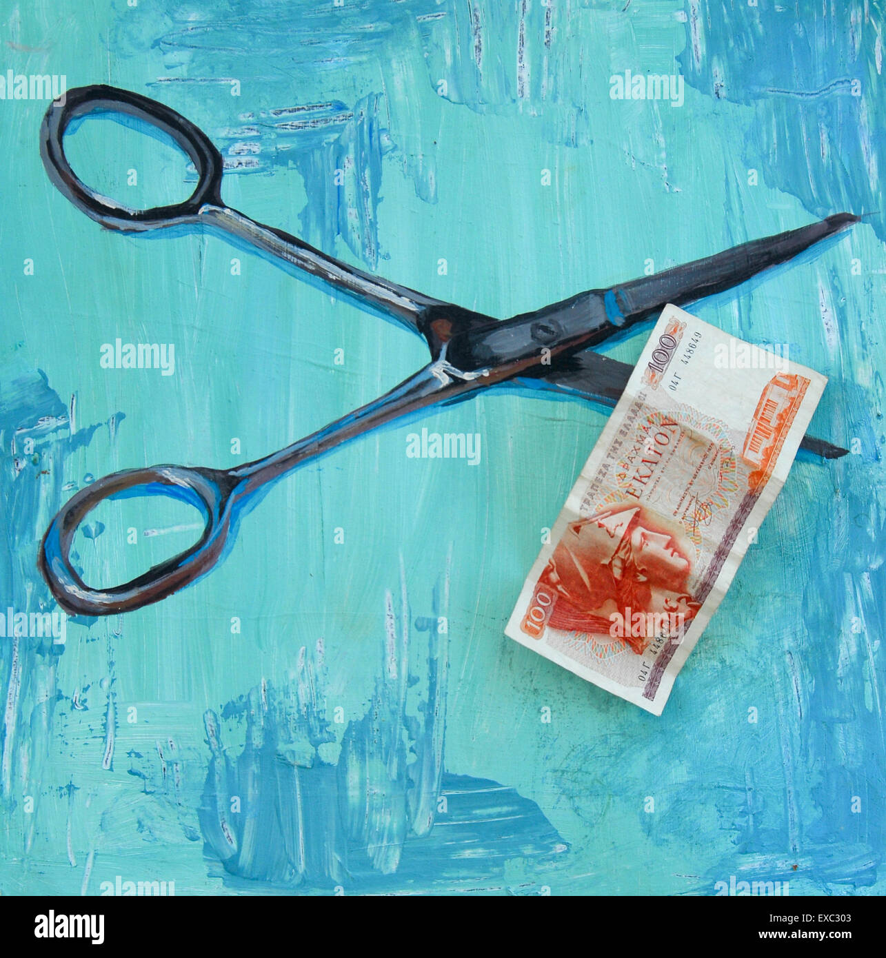 Scissors on a Greek blue background, about to cut a 100 drachma note ...
