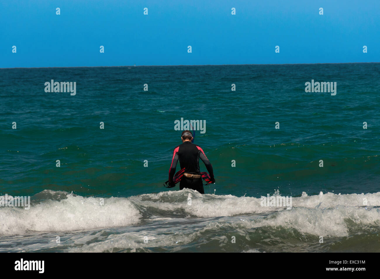 The diver went into the sea and wants to put on flippers and dive water ...