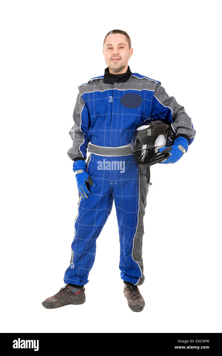 Racing driver posing with helmet isolated in white Stock Photo - Alamy