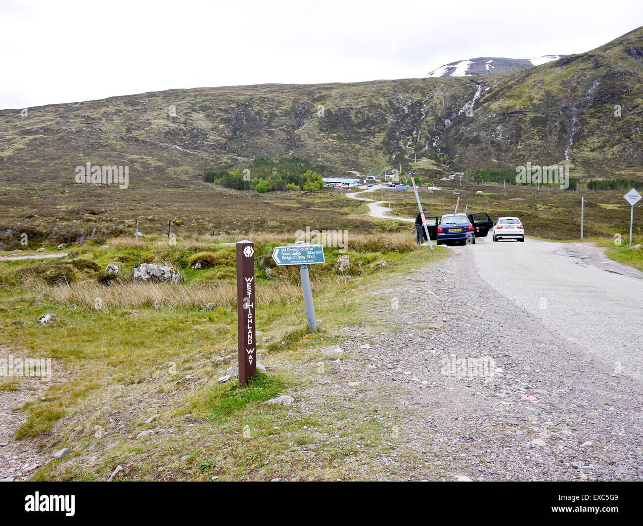 West Highland Way post marker near Glencoe ski centre, Glencoe, Argyll ...