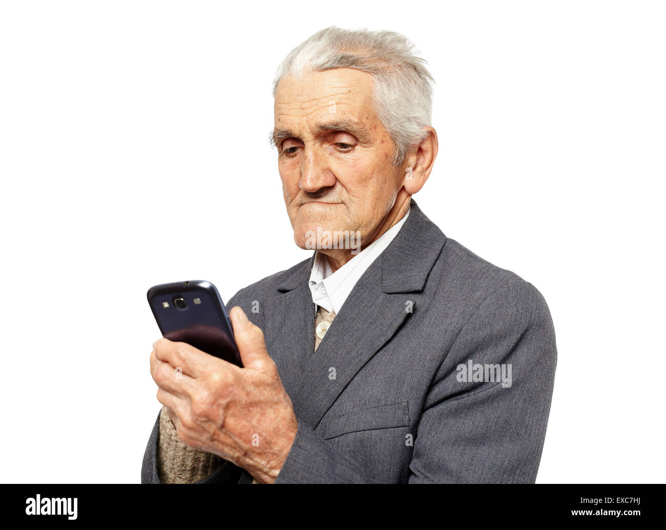 Old man using touchscreen smartphone isolated on white Stock Photo - Alamy