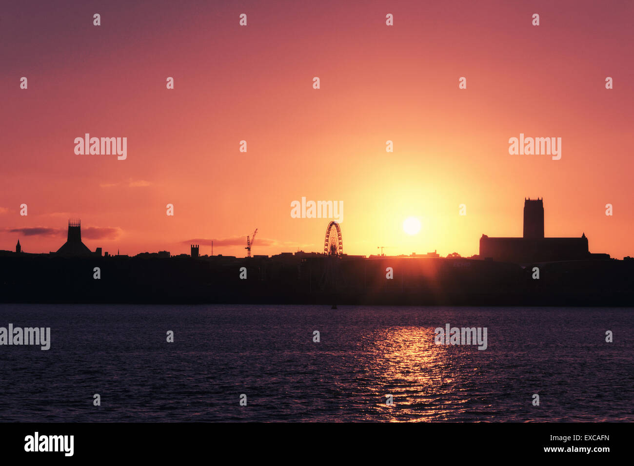 Dawn at the Liverpool Waterfront. The two Cathedrals and the Liverpool ...
