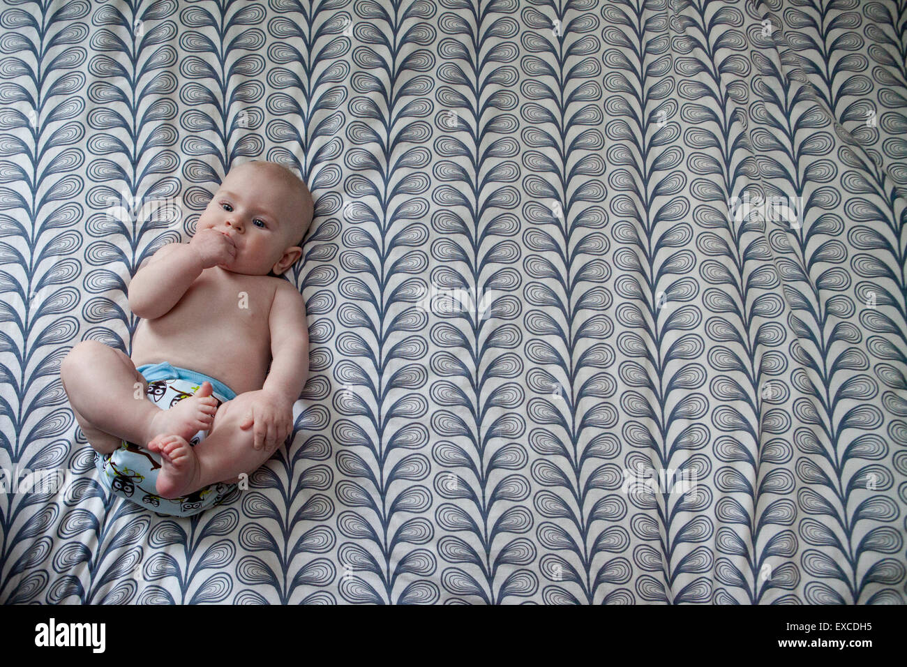 A baby girl wearing only a cloth diaper poses on a patterned blanket ...