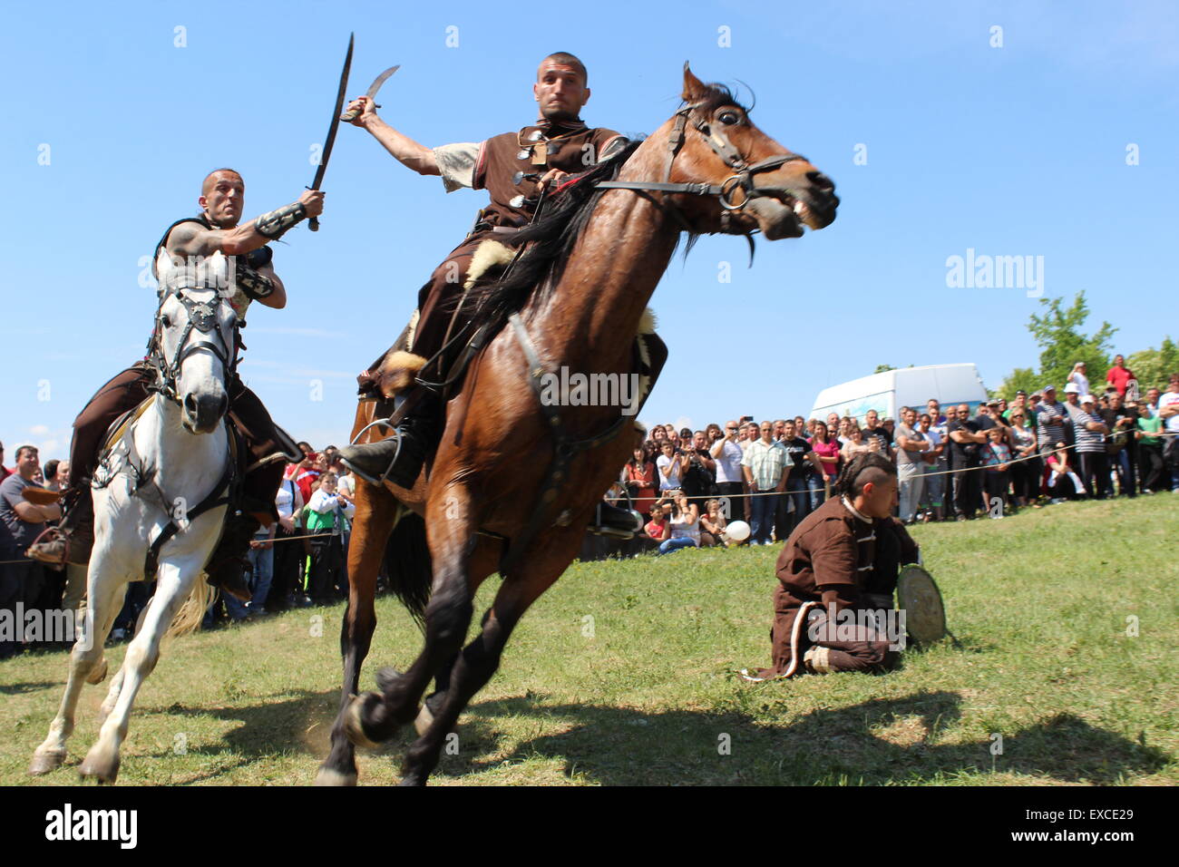Performers take part in a battle reenactment of proto-Bulgarians ...