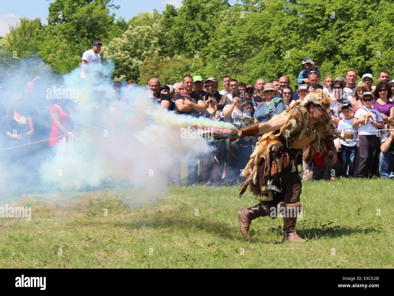 Performers take part in a battle reenactment of proto-Bulgarians ...