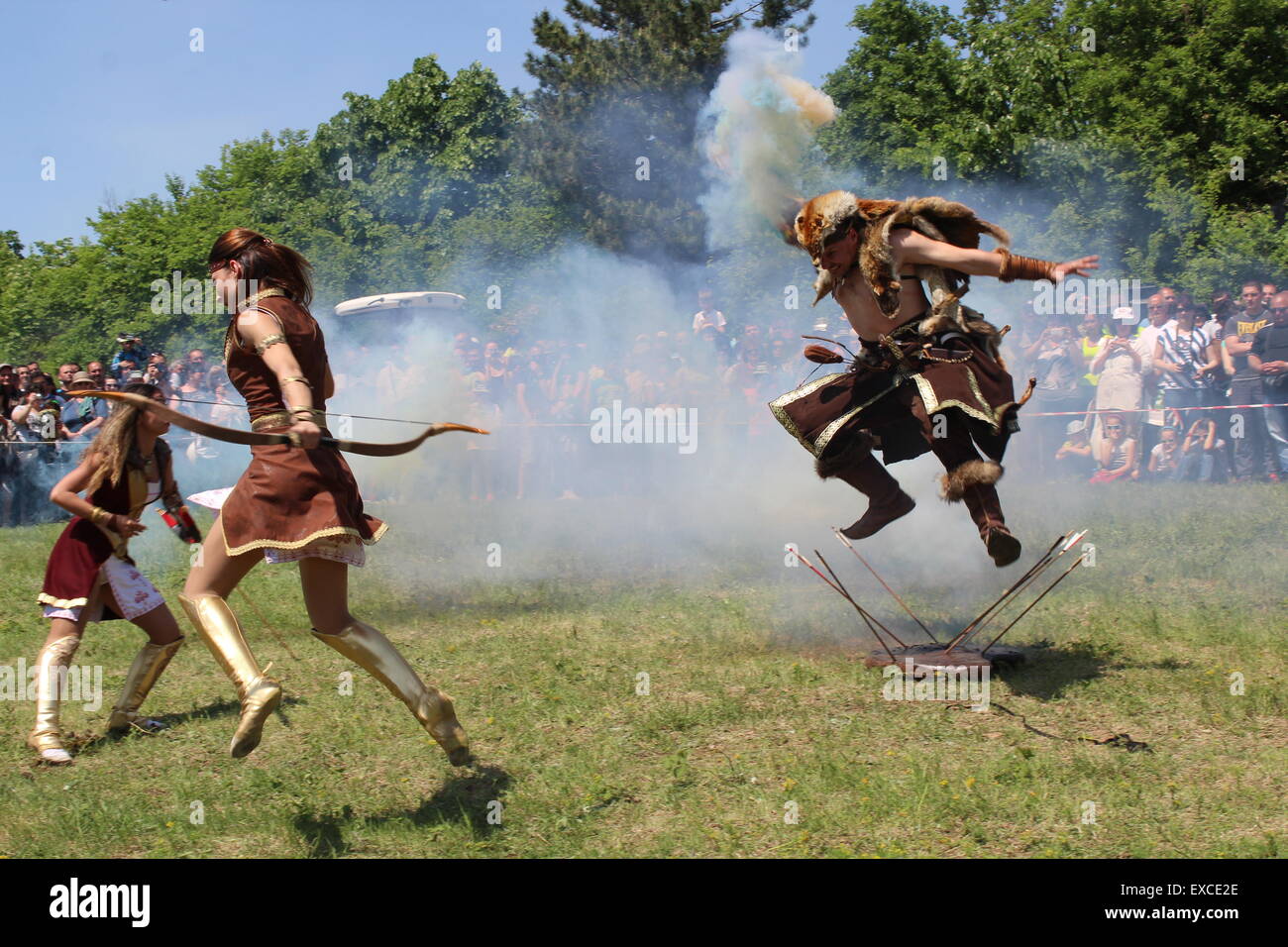 Performers take part in a battle reenactment of proto-Bulgarians ...