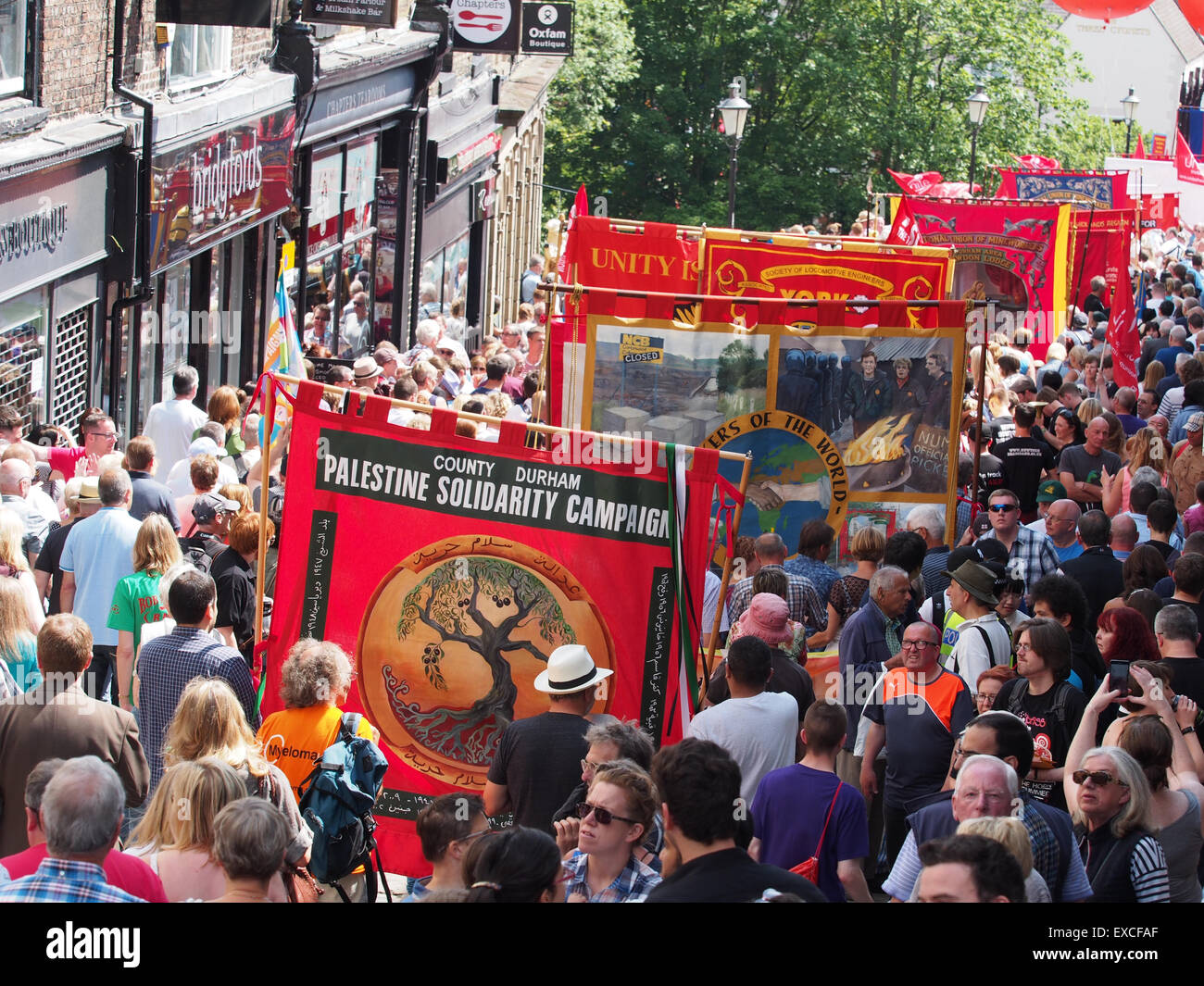 Durham, UK. 11th July, 2015. Parade of banners at the Durham Miners ...