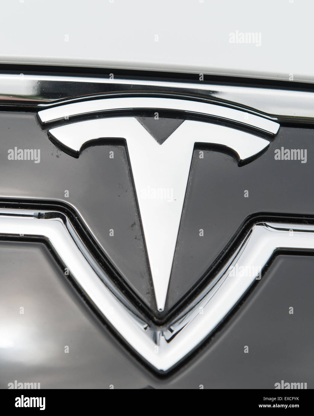 Ebringen, Germany. 16th June, 2015. The logo on a Model S electric ...