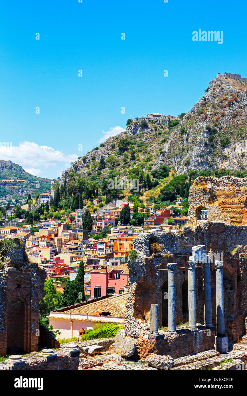 Taormina village and the medieval castle on top of Monte Tauro from the ...
