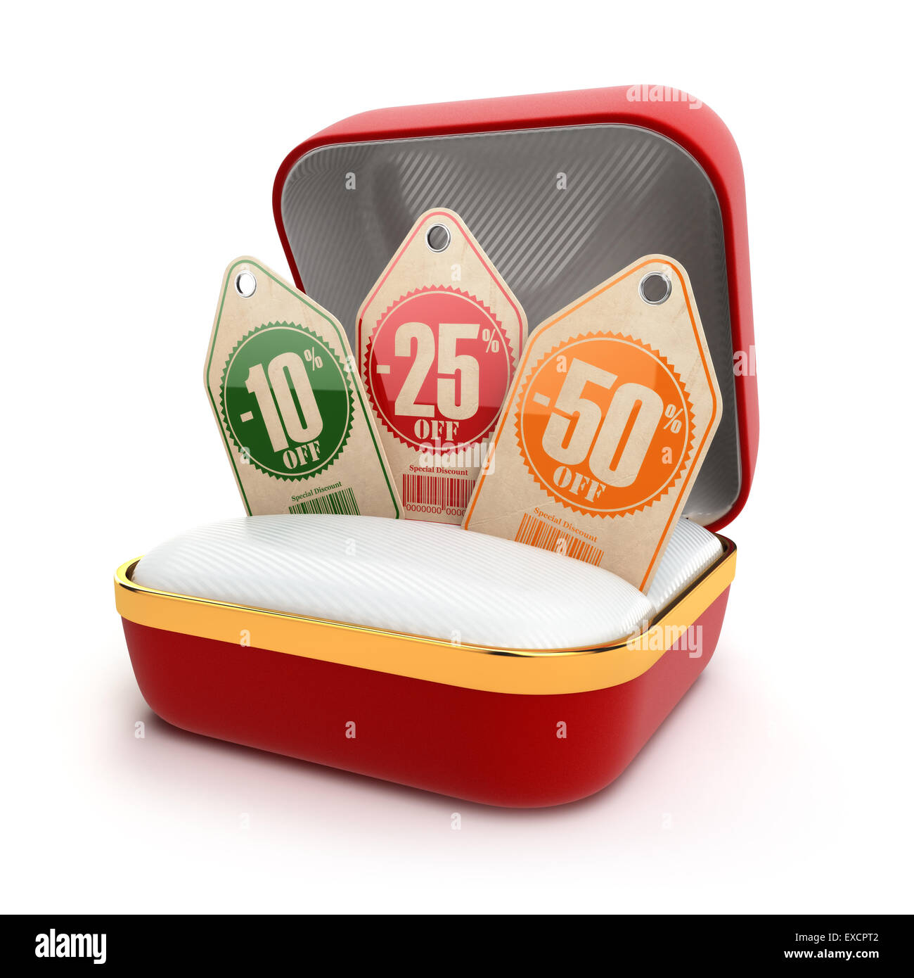 Open gift box with discount labels. Sale 10%, 25%, 50% off. 3d Stock ...