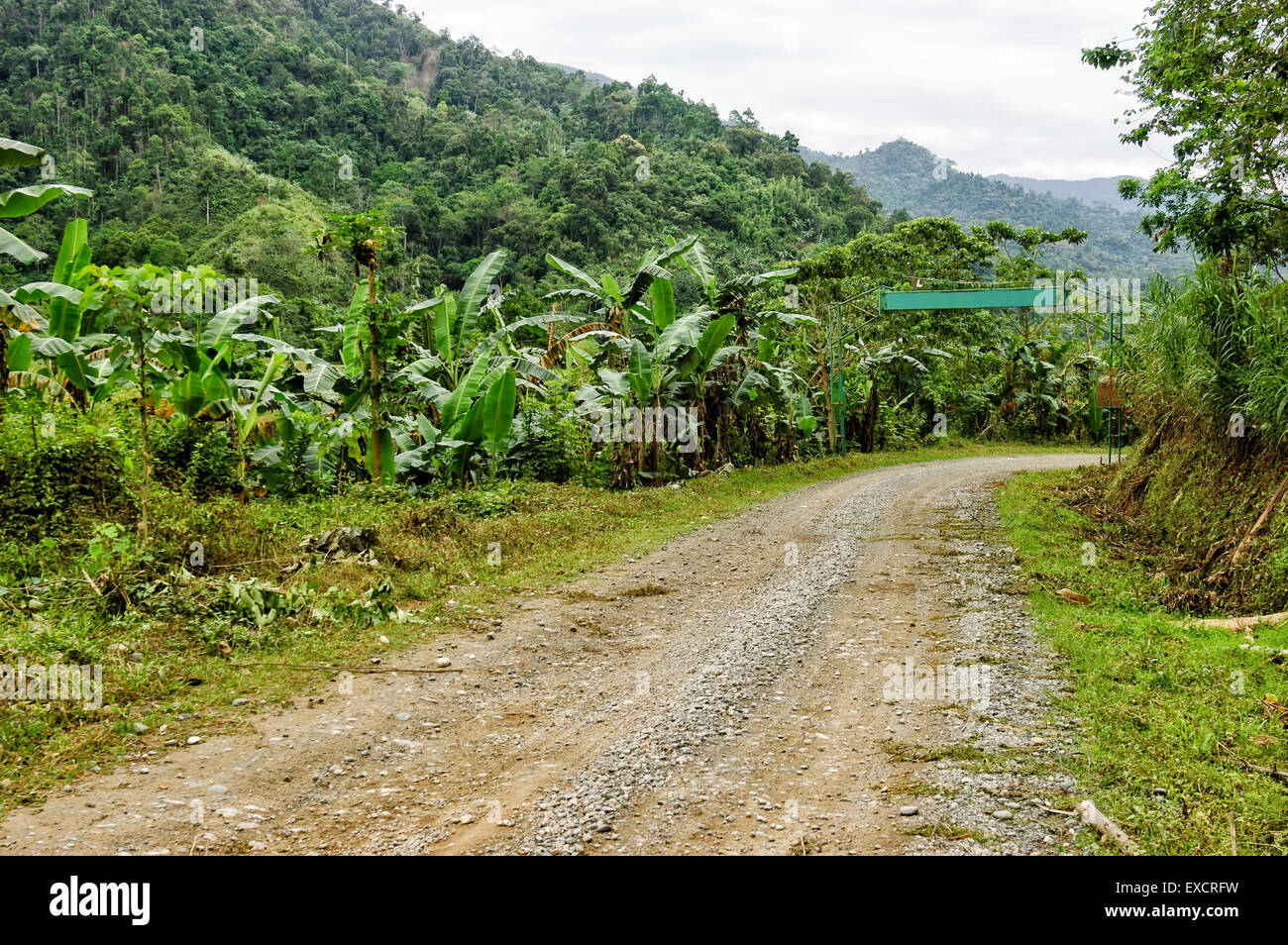 Village mountain dirt road with welcome arc and trees on both sides ...