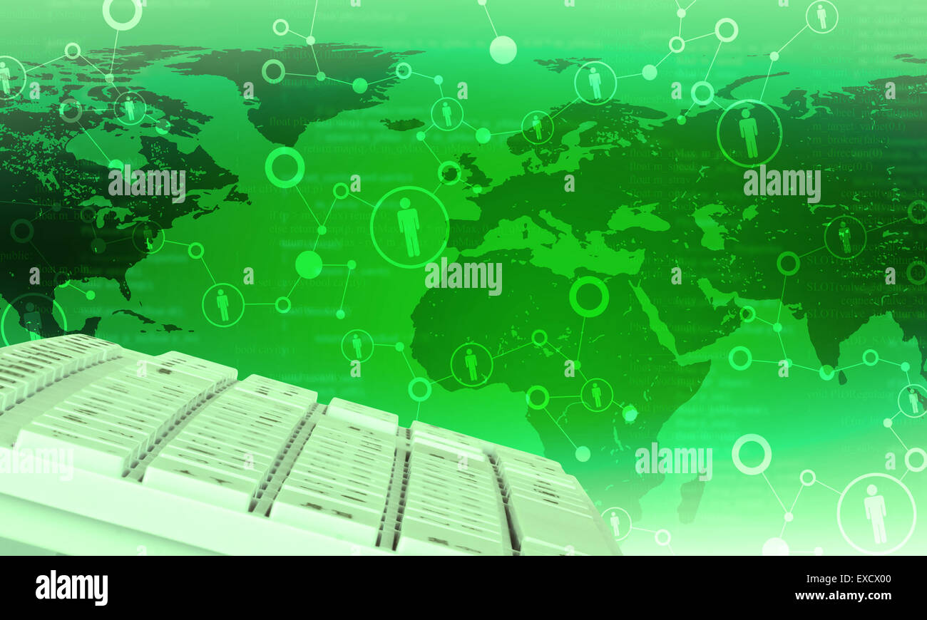 Keyboard on green world map background Stock Photo - Alamy