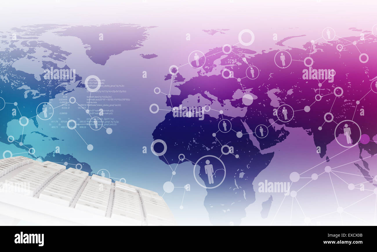 Keyboard on violet world map background Stock Photo - Alamy