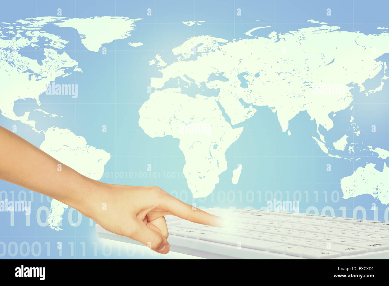 Humans finger touching keyboard on world map Stock Photo - Alamy