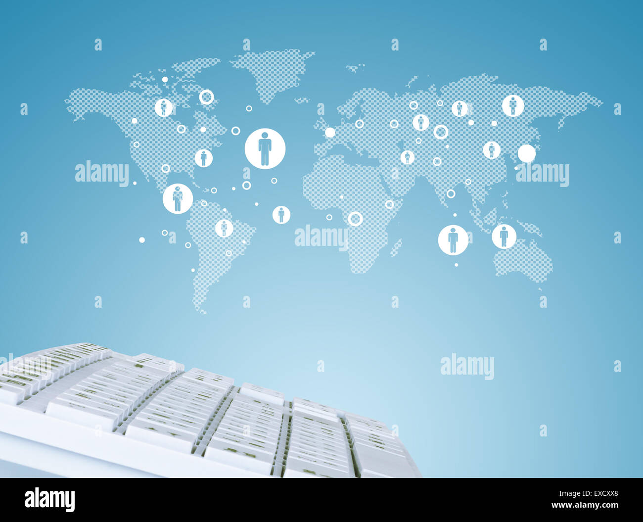 Keyboard on world map background with symbols Stock Photo - Alamy
