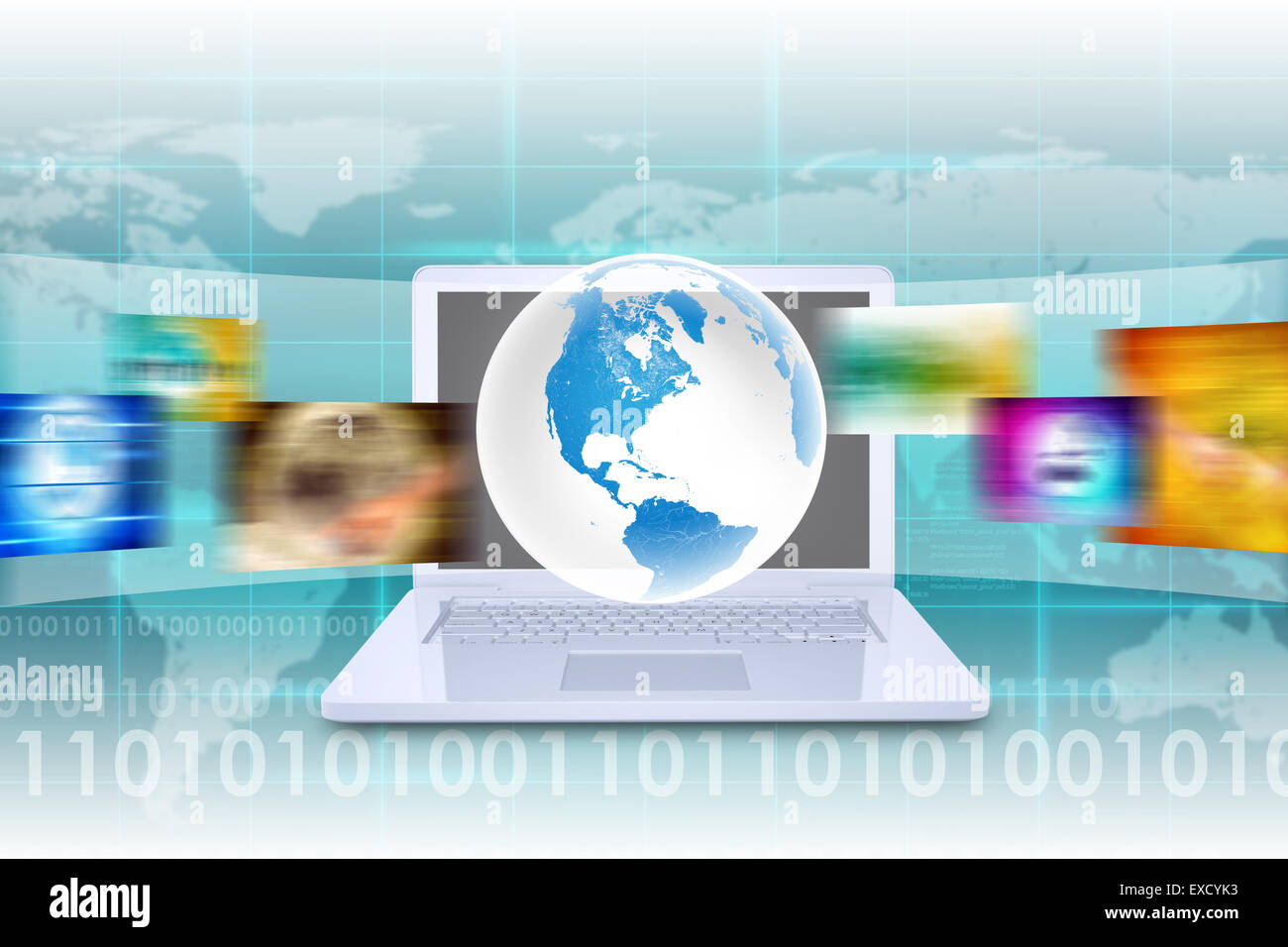 Virtual Earth on white laptop with world map Stock Photo - Alamy