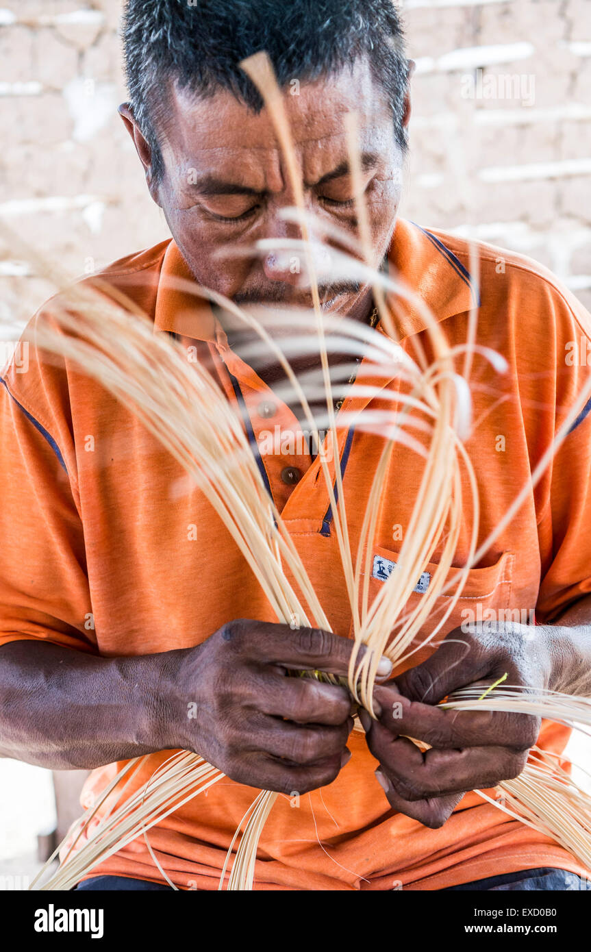 Wayuu indigenous man constructing a bamboo hat in the regional style of ...