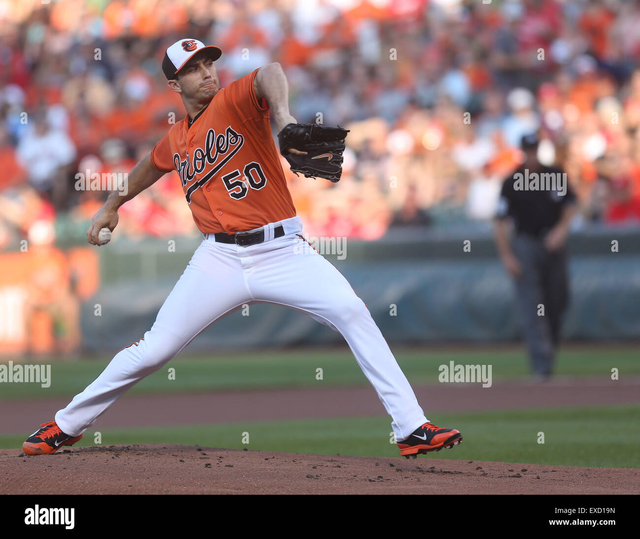 Baltimore, MD, USA. 11th July, 2015. Baltimore Orioles pitcher Miguel ...