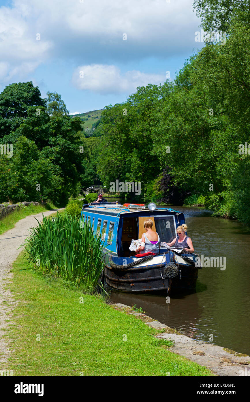 Narrowboat moored on Rochdale Canal, near Hebden Bridge, Calderdale ...