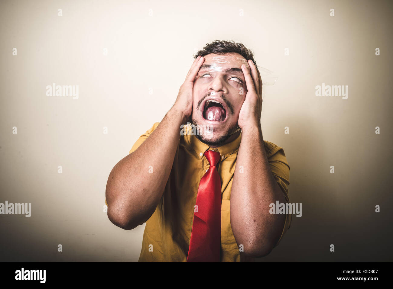 suffocating man with the plastic on white background Stock Photo - Alamy