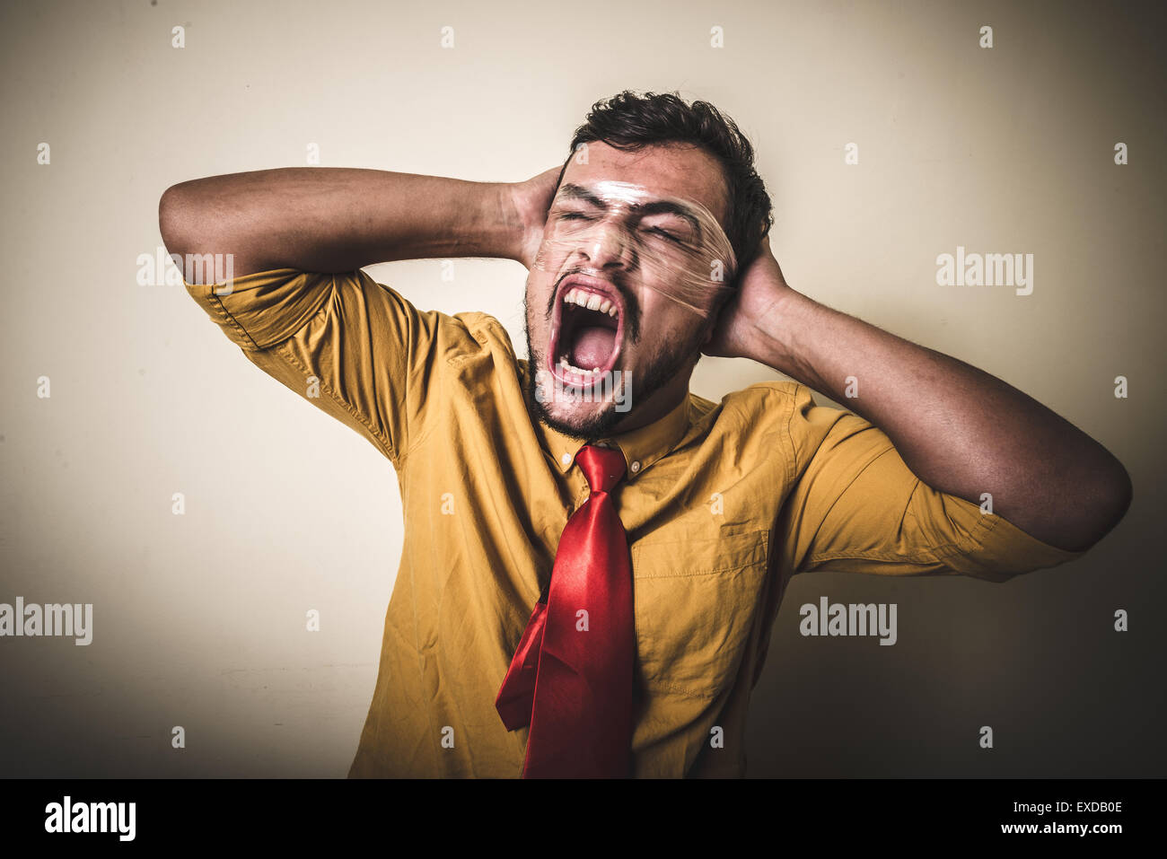 suffocating man with the plastic on white background Stock Photo - Alamy