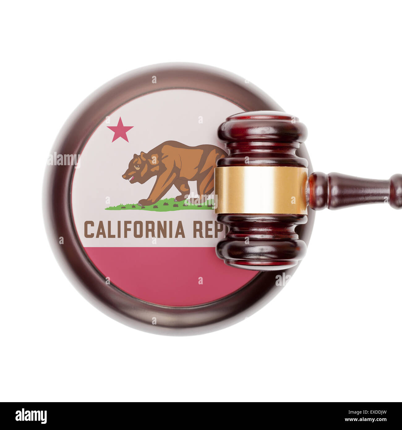 Wooden judge gavel with USA state flag on sound block - California ...
