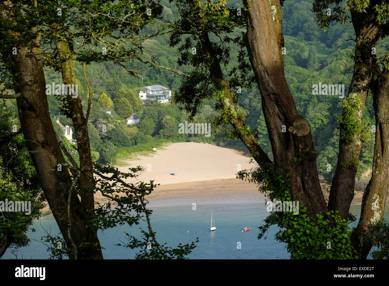 Mill Bay Beach, Devon viewed from high up in Salcombe across the river ...