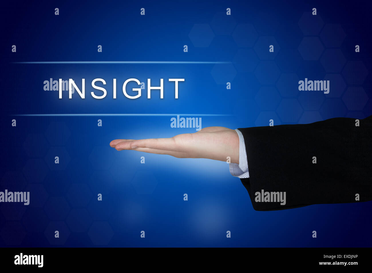 insight button with business hand on blue background Stock Photo - Alamy