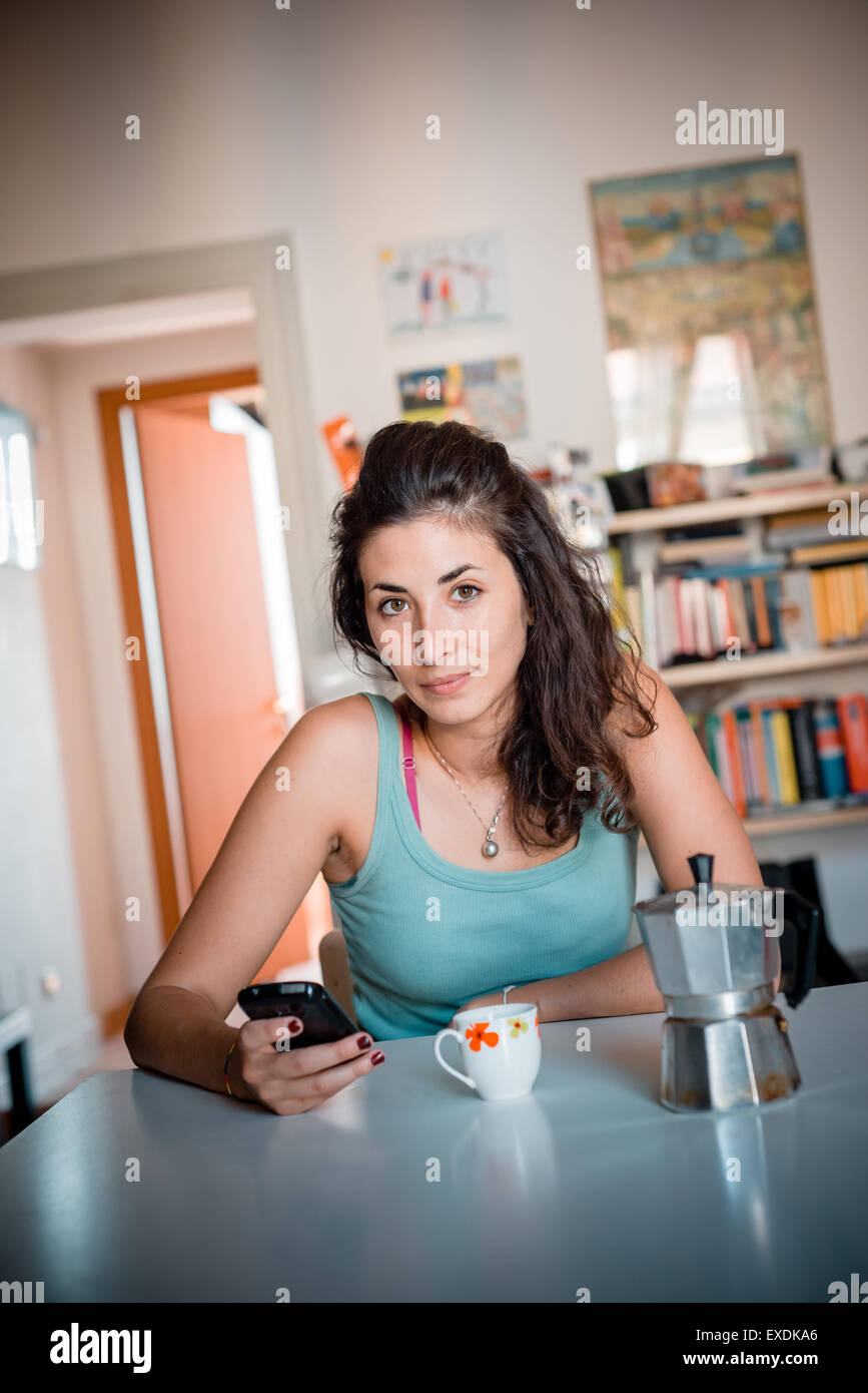 beautiful woman calling during breakfast at home Stock Photo - Alamy