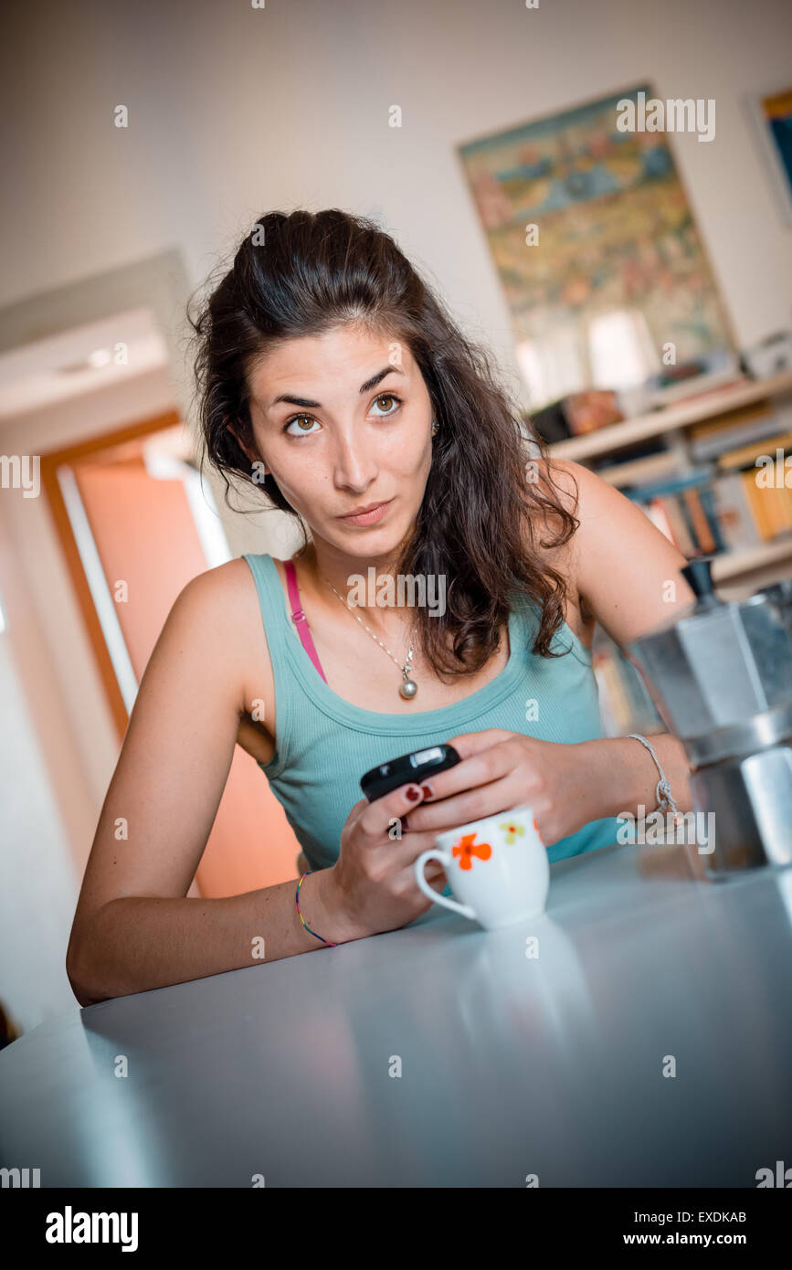 beautiful woman calling during breakfast at home Stock Photo - Alamy