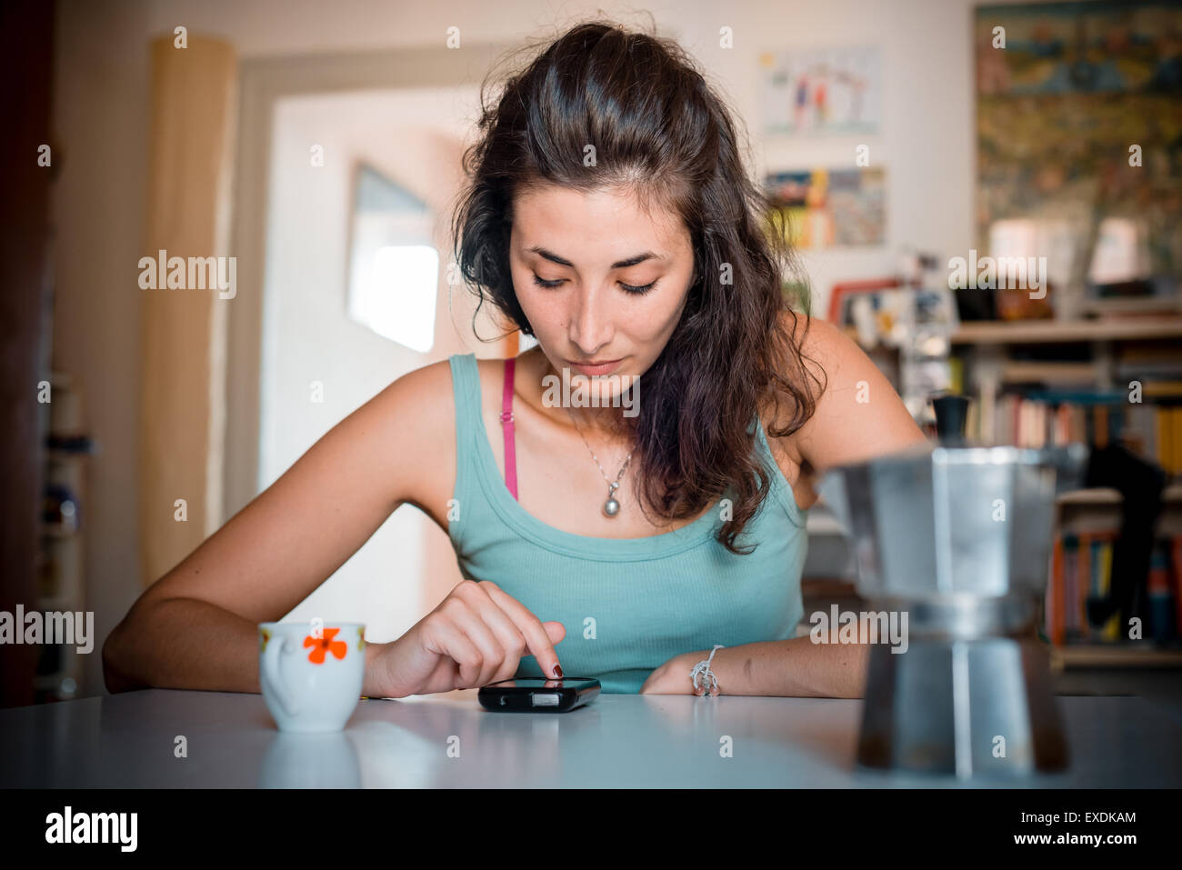 beautiful woman calling during breakfast at home Stock Photo - Alamy