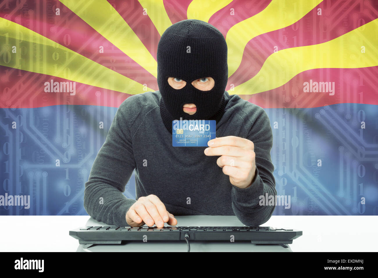 Hacker with US state flag on background - Arizona Stock Photo - Alamy