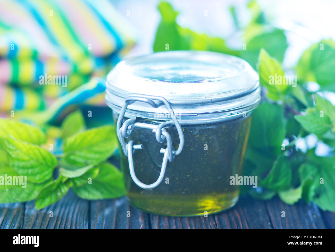 mint jam in glass bank and on a table Stock Photo - Alamy